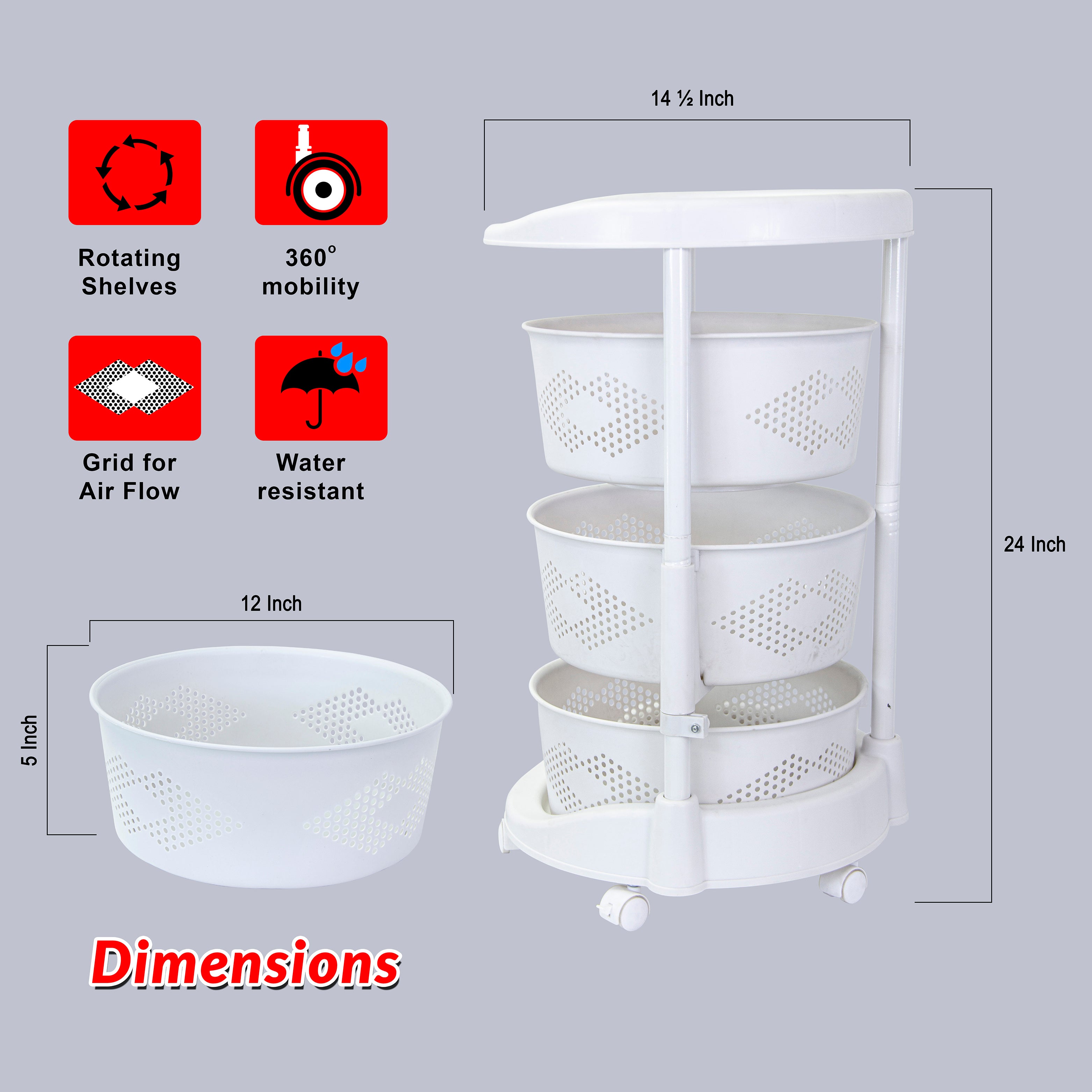 Octopus 360 3 Tier Rolling Cart Kitchen Organization Plastic Rotating ...